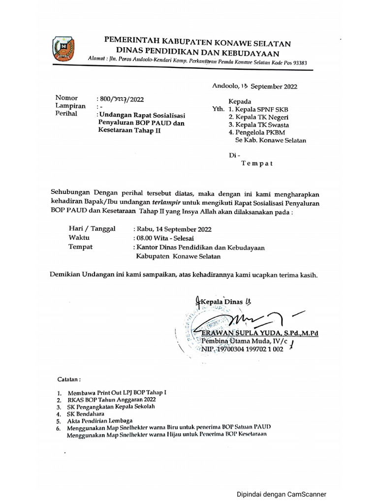 Undangan Rapat Sosialisasi Penyaluran Bop Tahap 2 | PDF