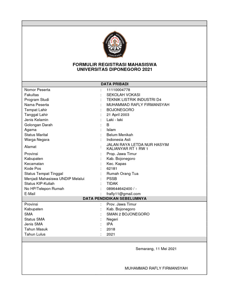 Formulir Registrasi Mahasiswa Undip | PDF