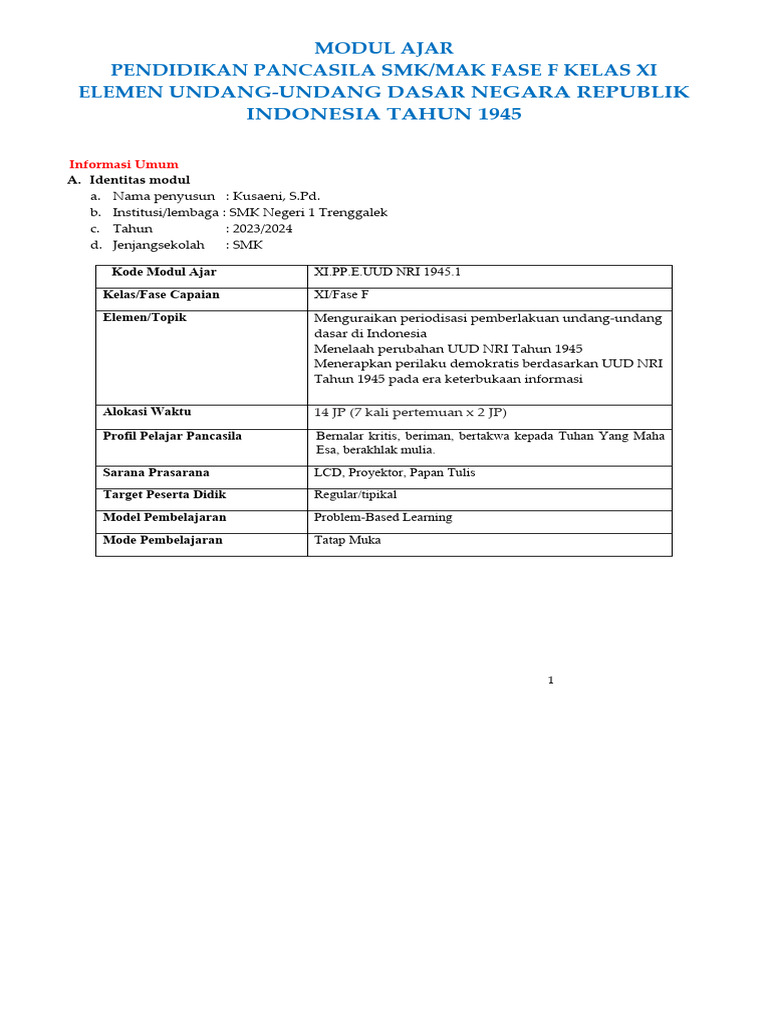 Xi - Modul Ajar e Uud Nri 19i45 Kus | PDF