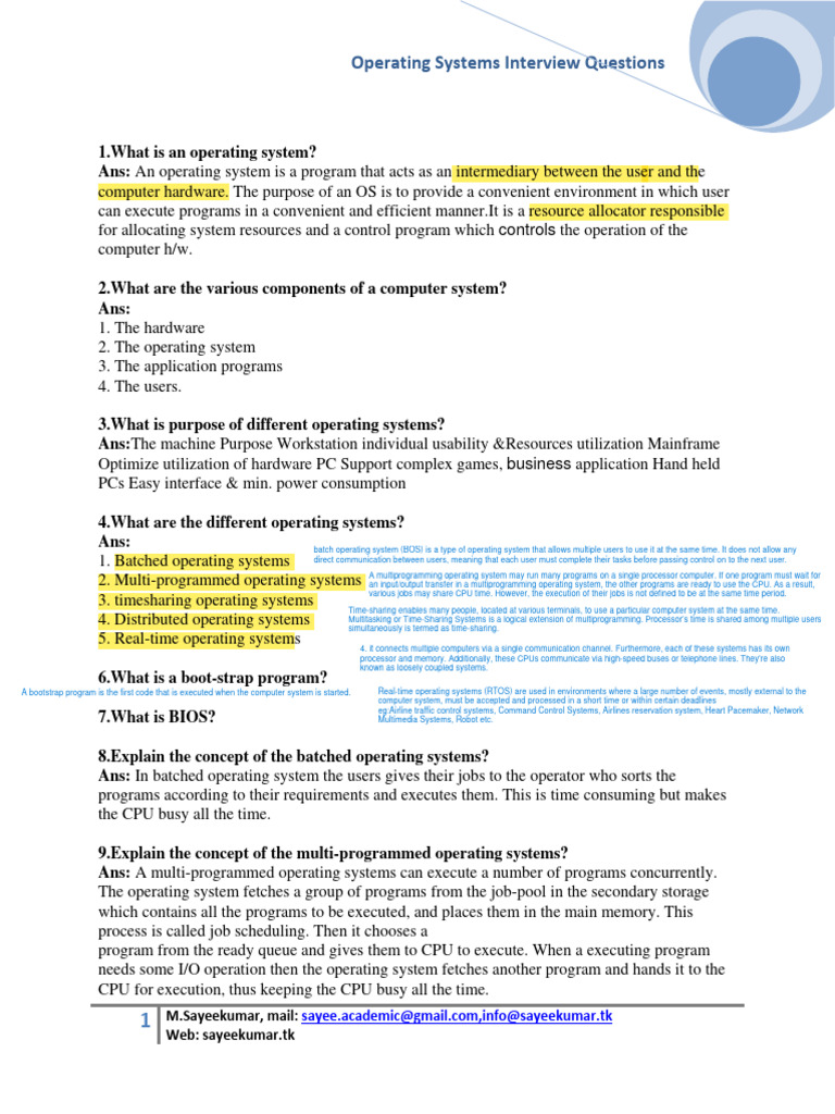Operating Systems Interview Questions | PDF | Thread (Computing ...