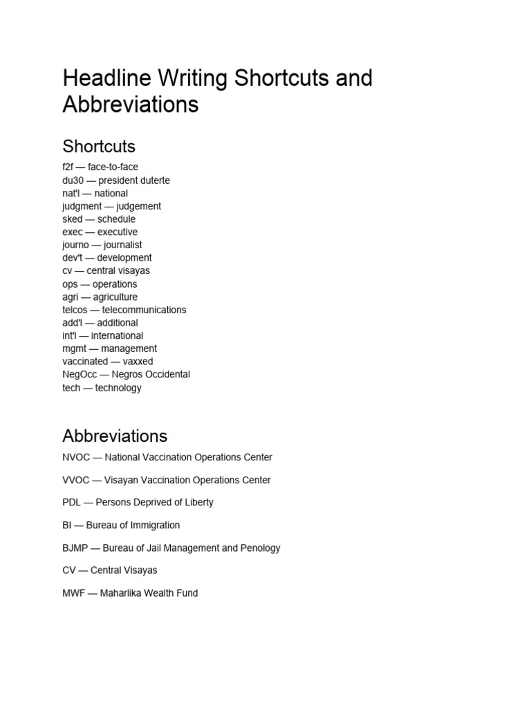 Headline Writing Shortcuts and Abbreviations | PDF