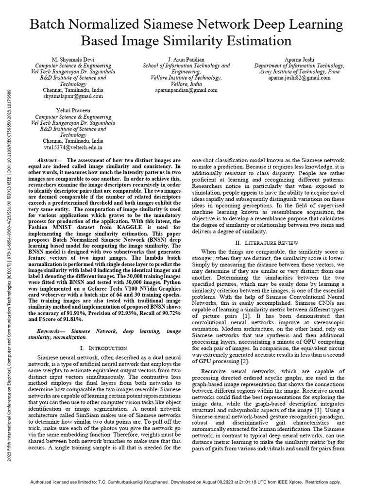 Batch Normalized Siamese Network Deep Learning Based Image Similarity Estimation | PDF ...