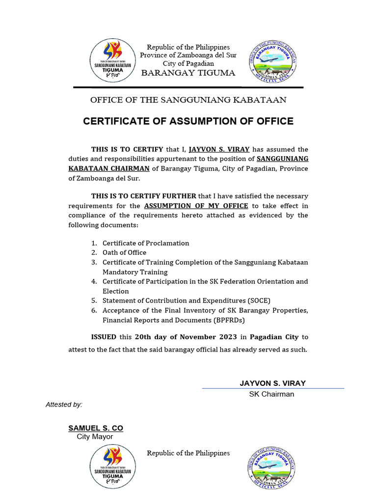 Cert. of Assumption of Office Example | PDF | Government