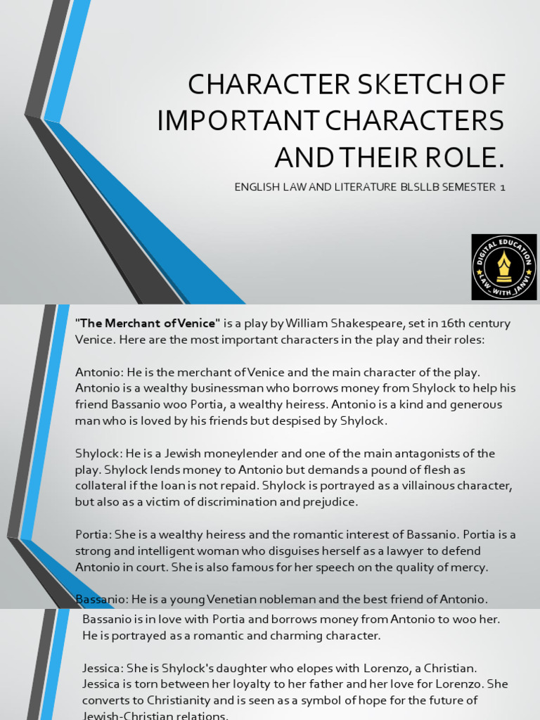 Character Sketch of Important Characters and Their Role | PDF | Shylock ...