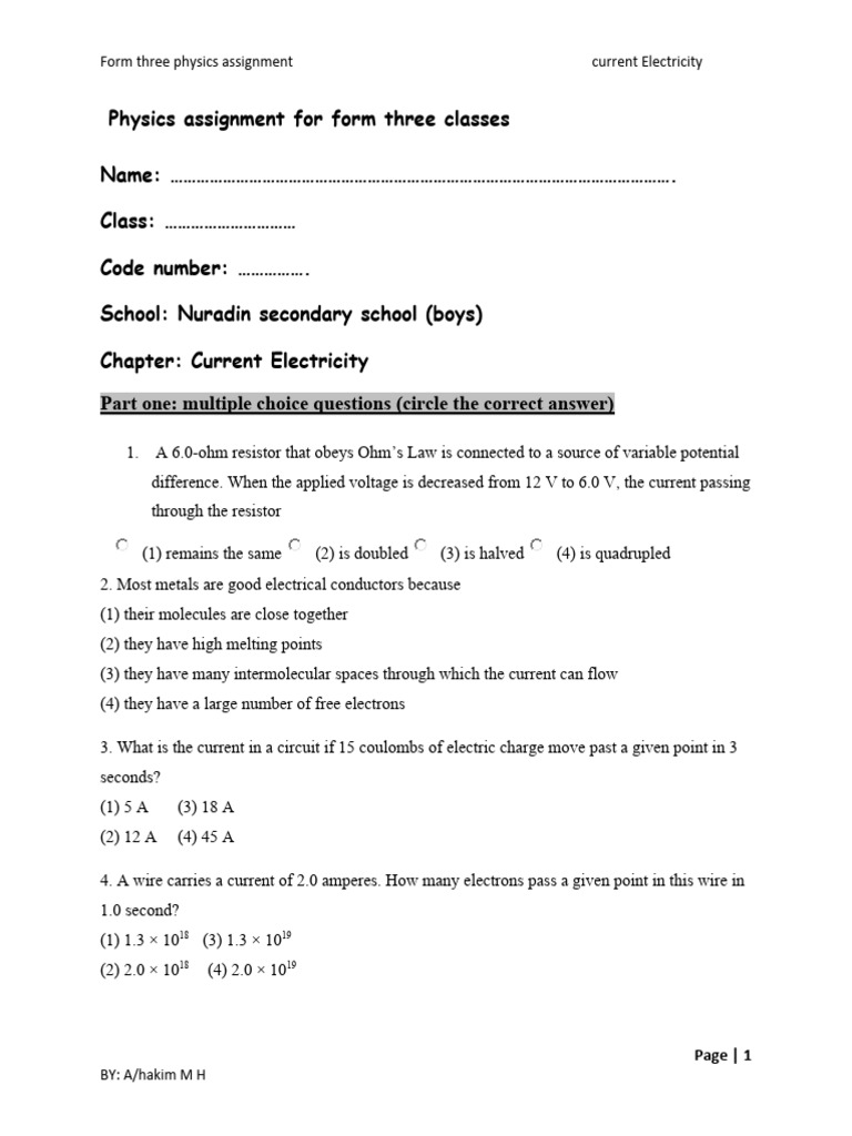 Form Three Current Electricity Assignment | PDF | Electrical Resistance And Conductance ...
