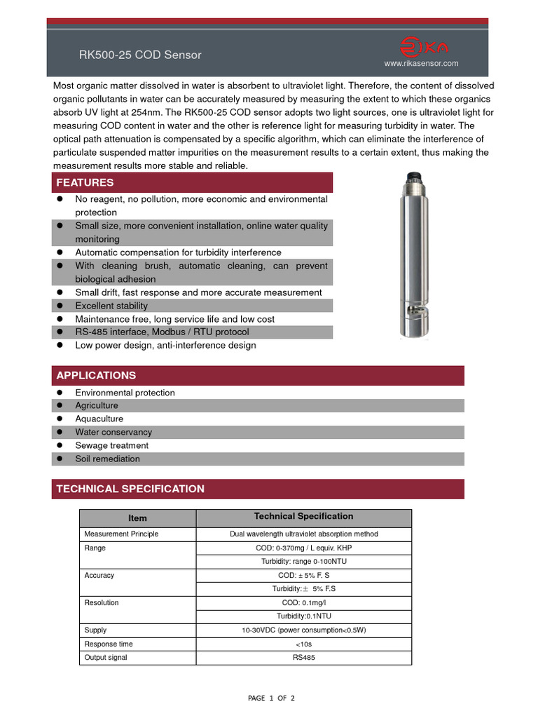 RK500-25 COD Sensor Specification v3.0 | PDF | Ultraviolet | Earth Sciences
