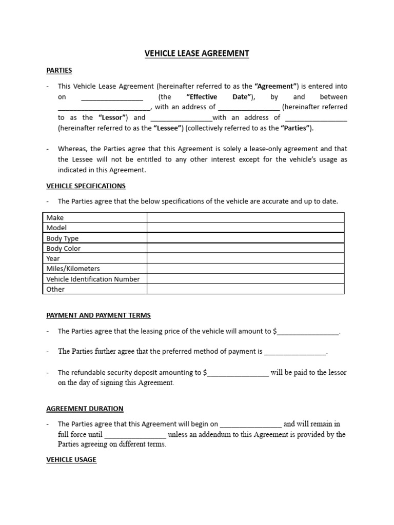 Vehicle Lease Agreement Template | PDF | Lease | Law And Economics