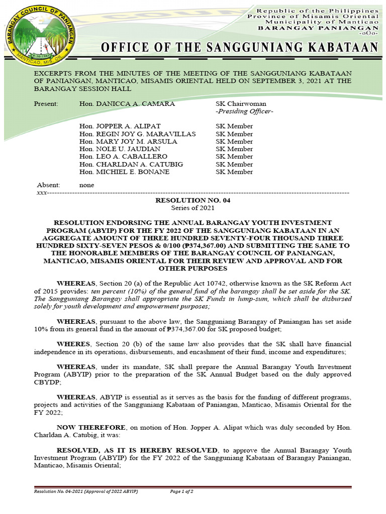 SK Resolution No. 04-2021 (Approving ABYIP2022) | PDF | Government