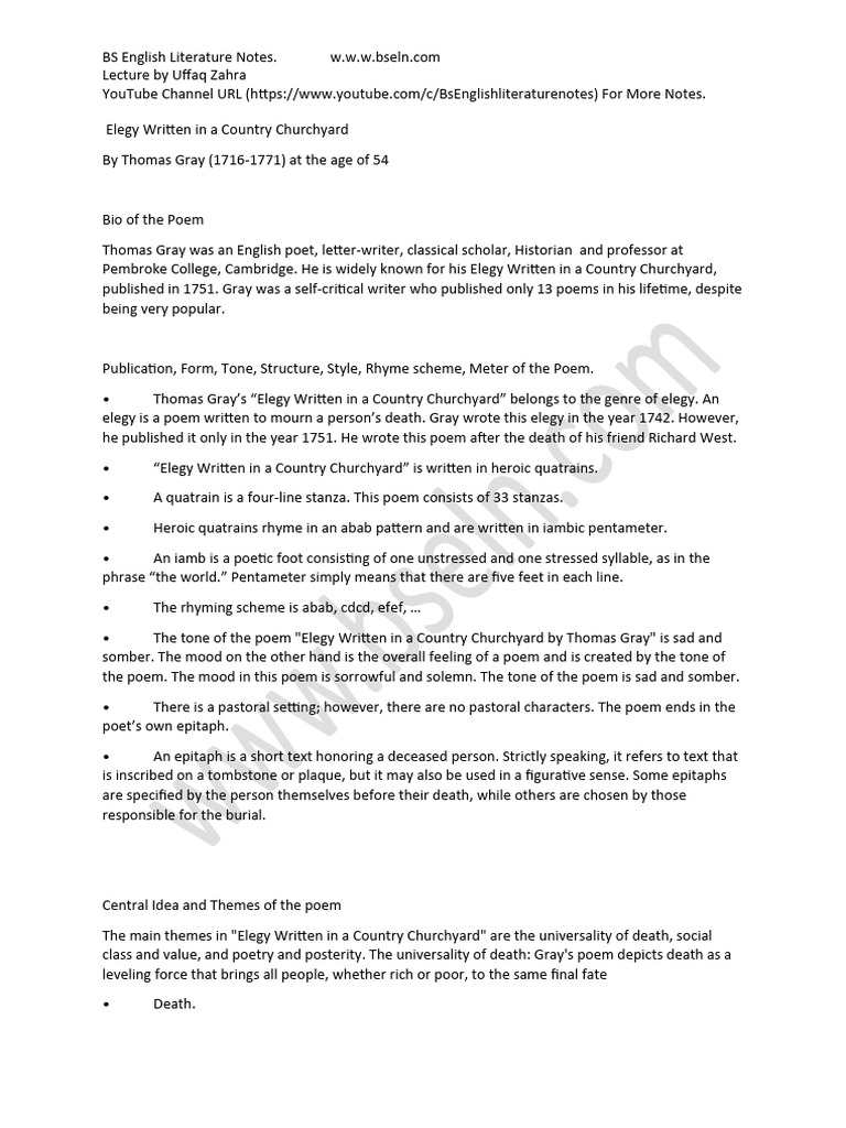 Elegy Written in A Country Churchyard | PDF | Poetry