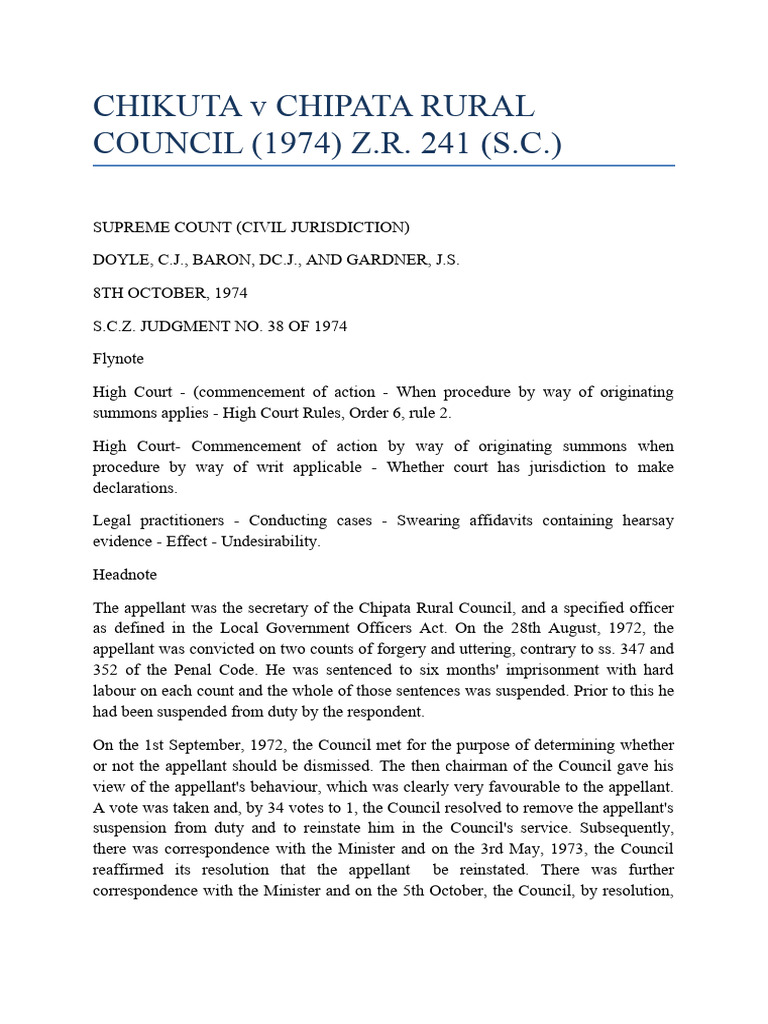 Chikuta v Chipata Rural Council Ruling | PDF | Judgment (Law) | Appeal