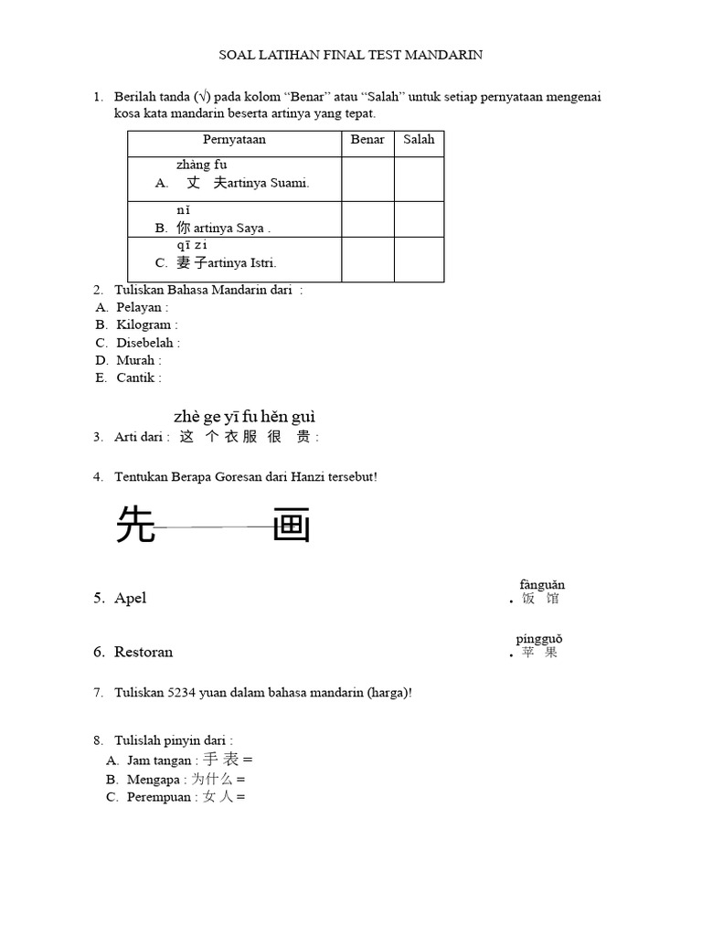 Soal Latihan Final Test Bahasa Mandarin | PDF