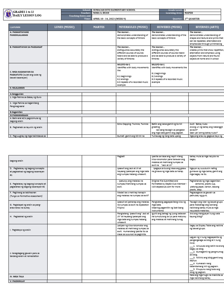 DLL - Mapeh 1 - Q3 - W9 | PDF