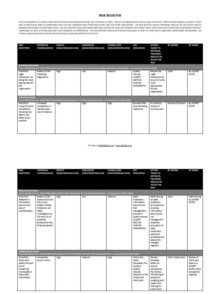 DG Legal Risk Register Template | PDF | Risk | Computer Security