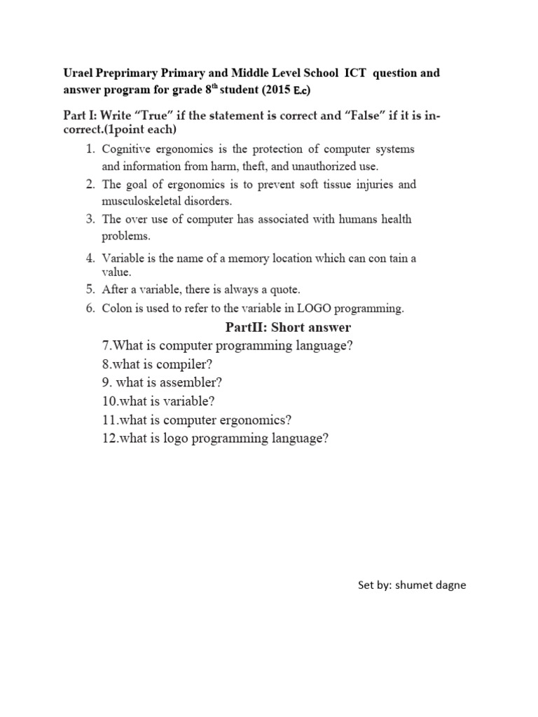 Part I: Write "True" If The Statement Is Correct and "False" If It Is ...