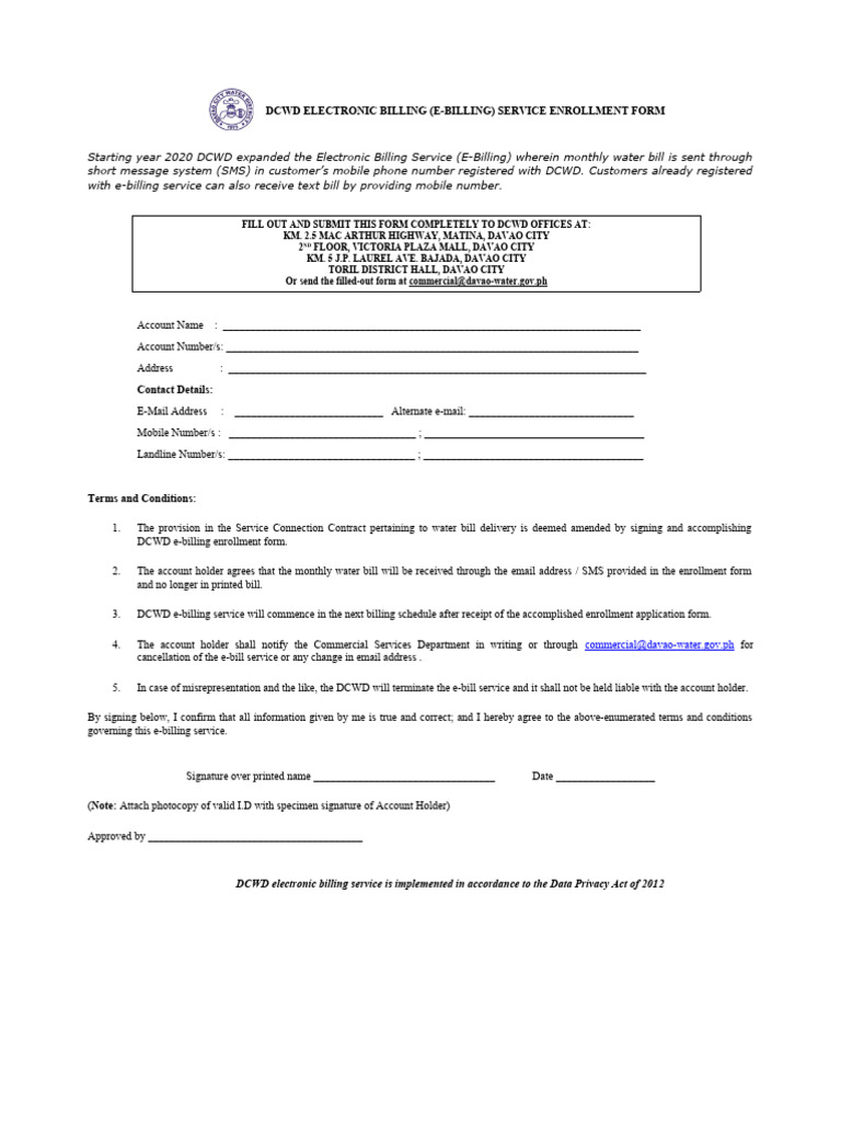 DCWD E-Billing Enrollment Form | PDF | Service Industries ...
