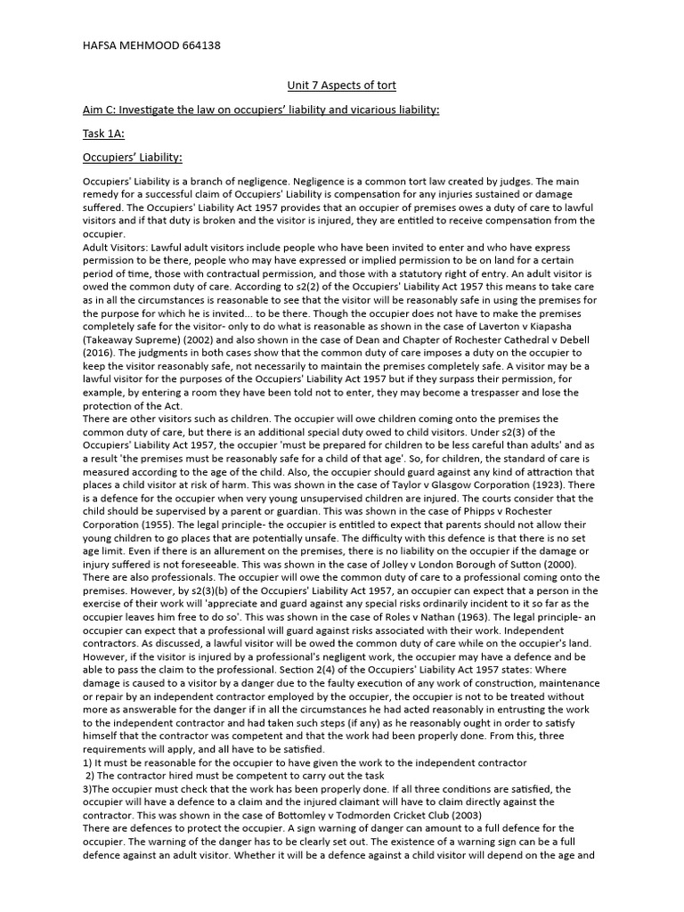 Unit 7 Aspects of Tort Aim C and Learning Aim D CW | PDF | Tort | Legal Liability