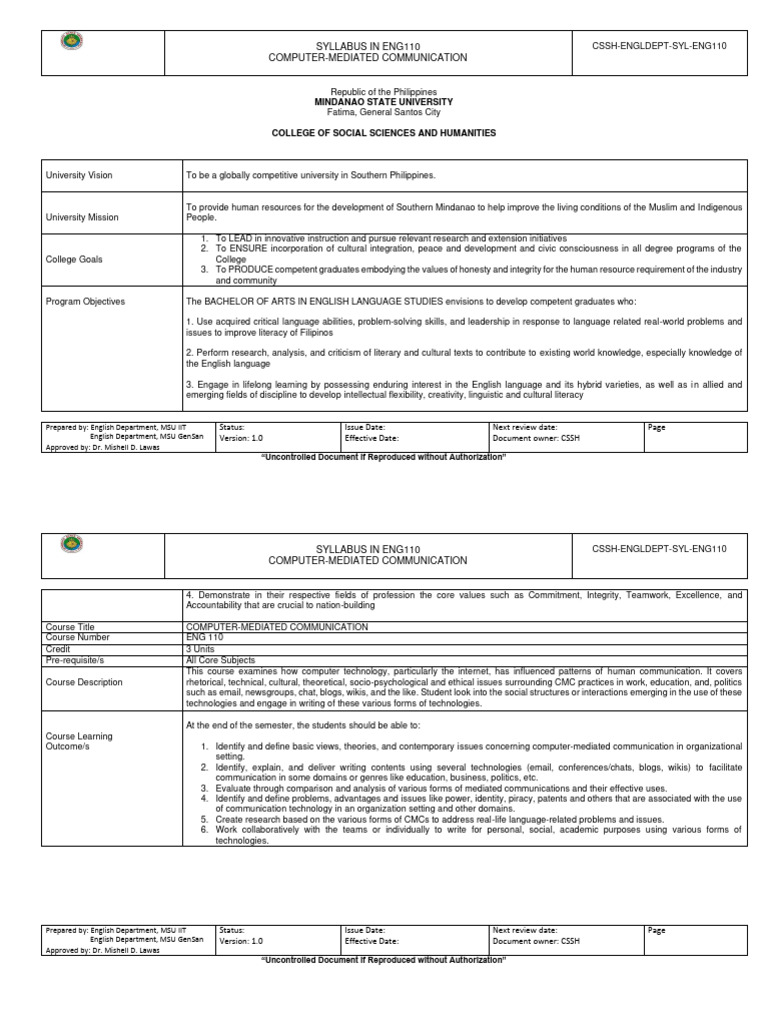 ENG110 OBE Syllabus | PDF | Computer Mediated Communication | Communication ENG110 OBE Syllabus | PDF | Computer Mediated Communication | Communication