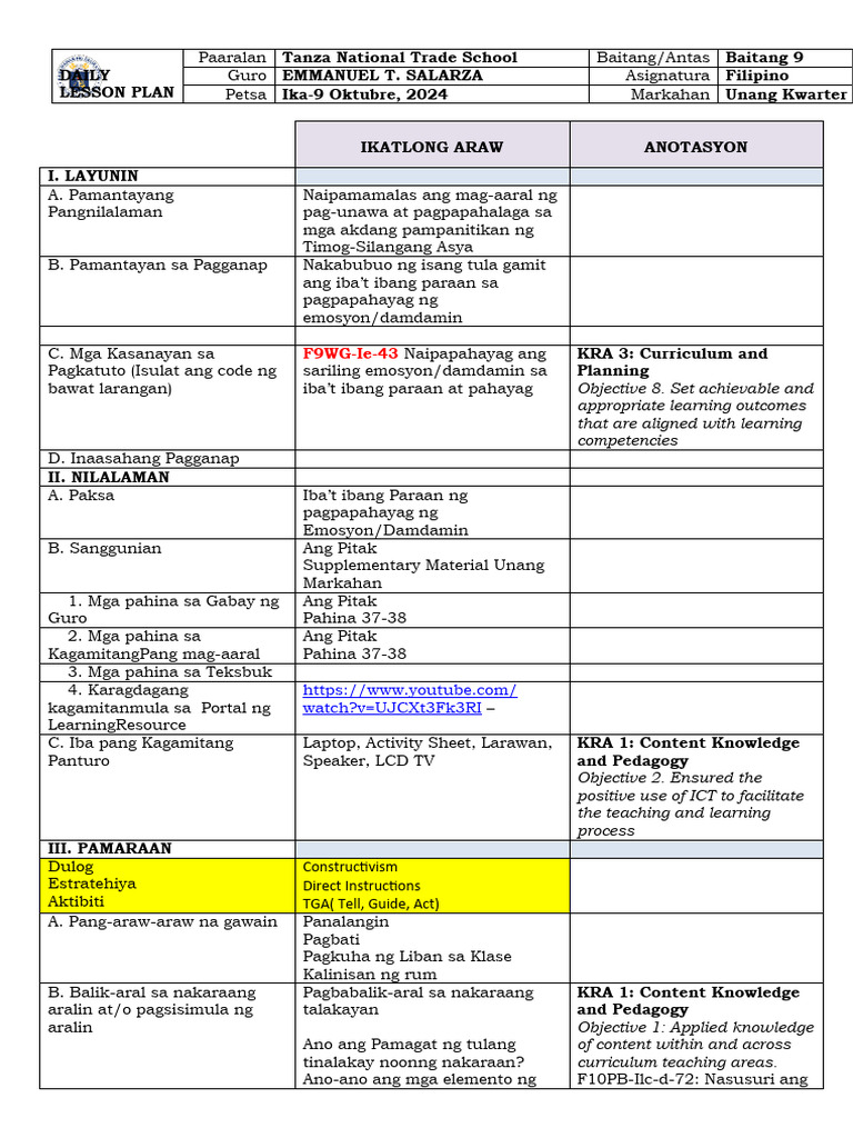 DLP Week 4 Aralin 3 Tula Day 3 Emosyondamdamin | PDF