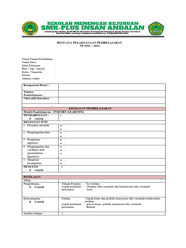 RPP - Template - Inquiry Learning | PDF | Karier & Perkembangan
