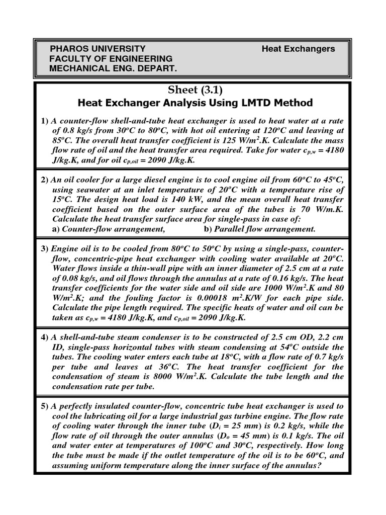 Sheet (3.1) Heat Exchangers Analysis Using LMTD Method | PDF | Heat Exchanger | Heat Transfer