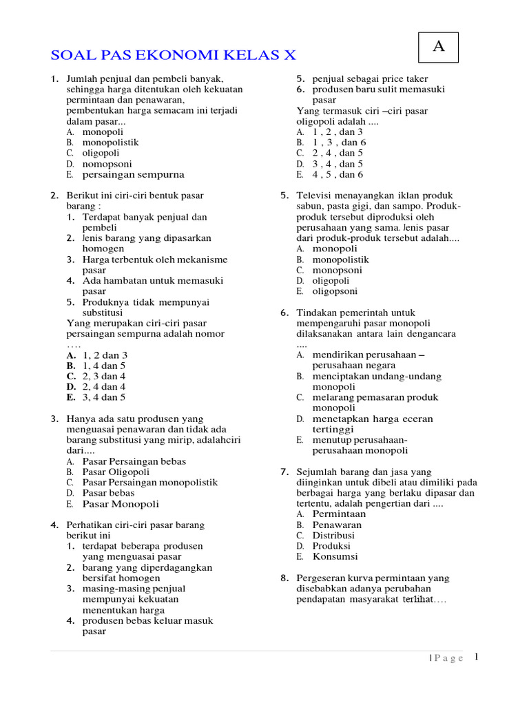 SOAL PAS 10 Mekanisme Pasar | PDF