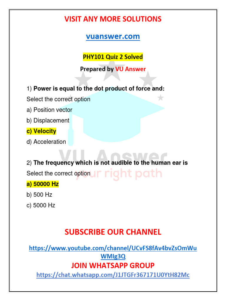 PHY101 Quiz 2 Solved by VU Answer | PDF | Velocity | Acceleration