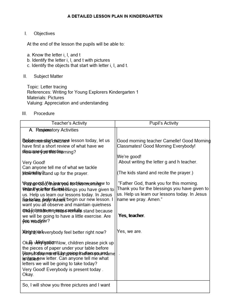 Tracig Letter Lesson Plan | PDF | Prayer | Lesson Plan