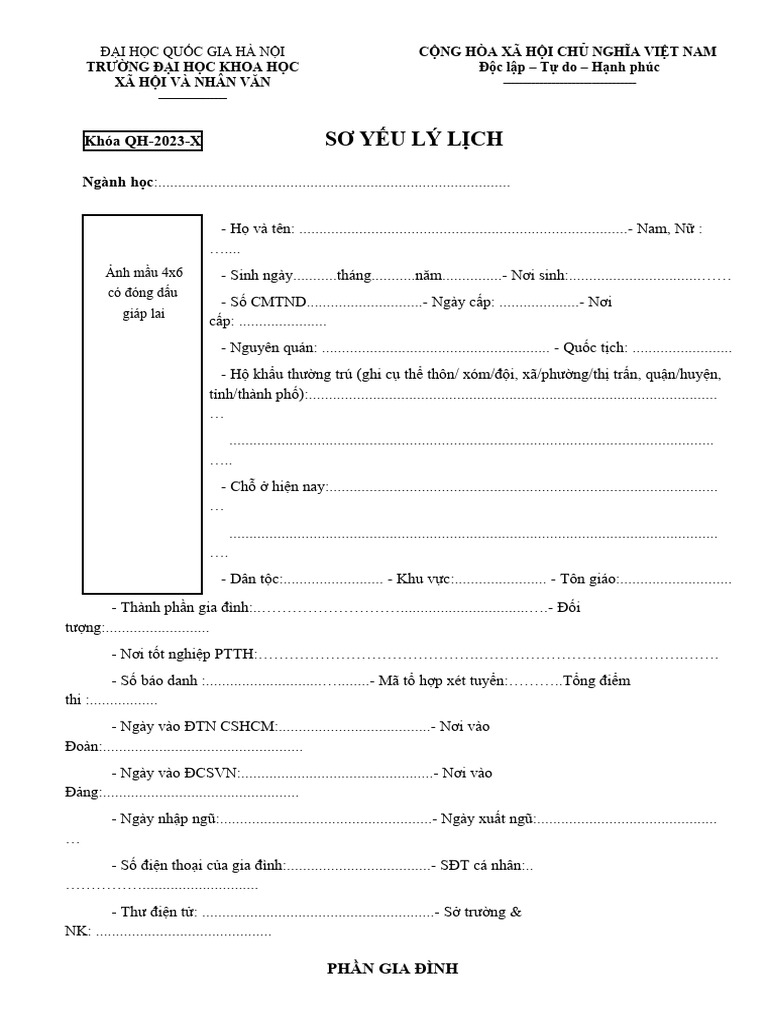 XHNV - Mau So Yeu Li Lich Sinh Vien Nam 2023 (In 2 Mat Tren A4) | PDF