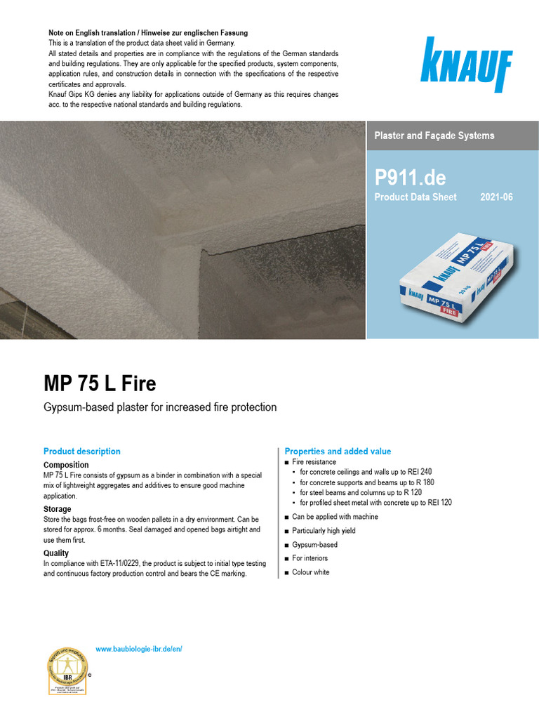 Gypsum Fire Plaster MP 75 L Data Sheet | PDF | Plaster | Concrete