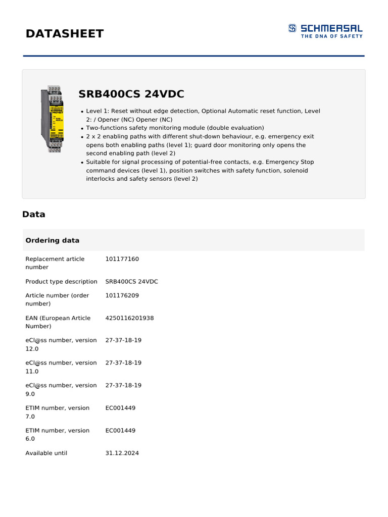 SRB400CS 24VDC Safety Module Datasheet | PDF | Relay | Physical Quantities