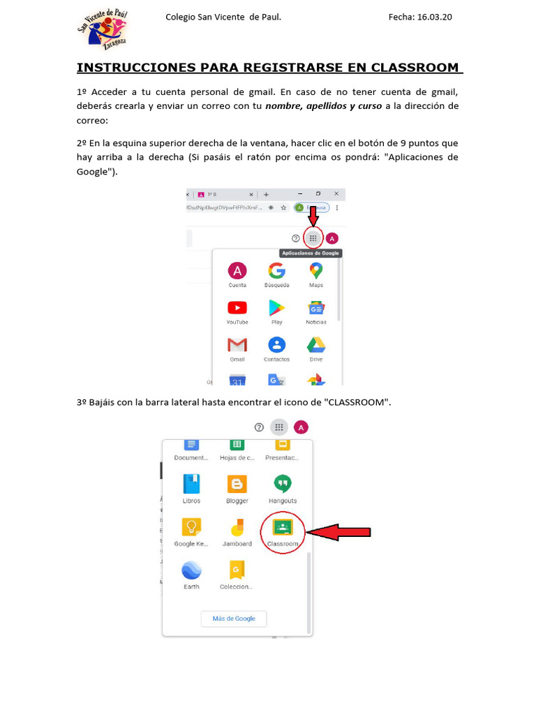 Instrucciones para Registrarse en Classroom | PDF