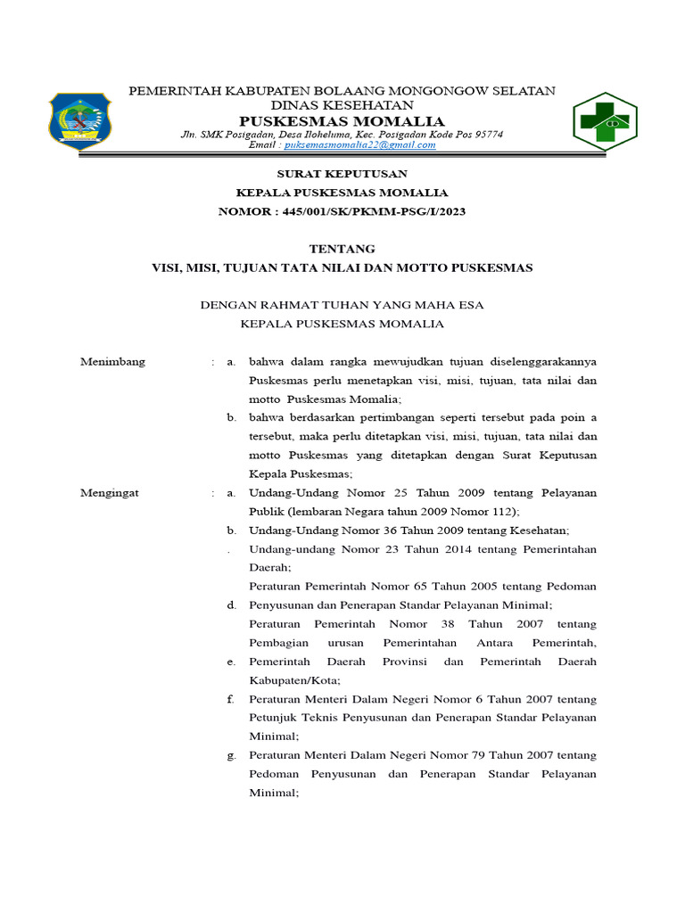 1.1.1.a.r1 SK Kapus Tentang Visi, Misi, Tujuan, Tata Nilai Dan Motto Puskesmas Fix (Jan) | PDF ...