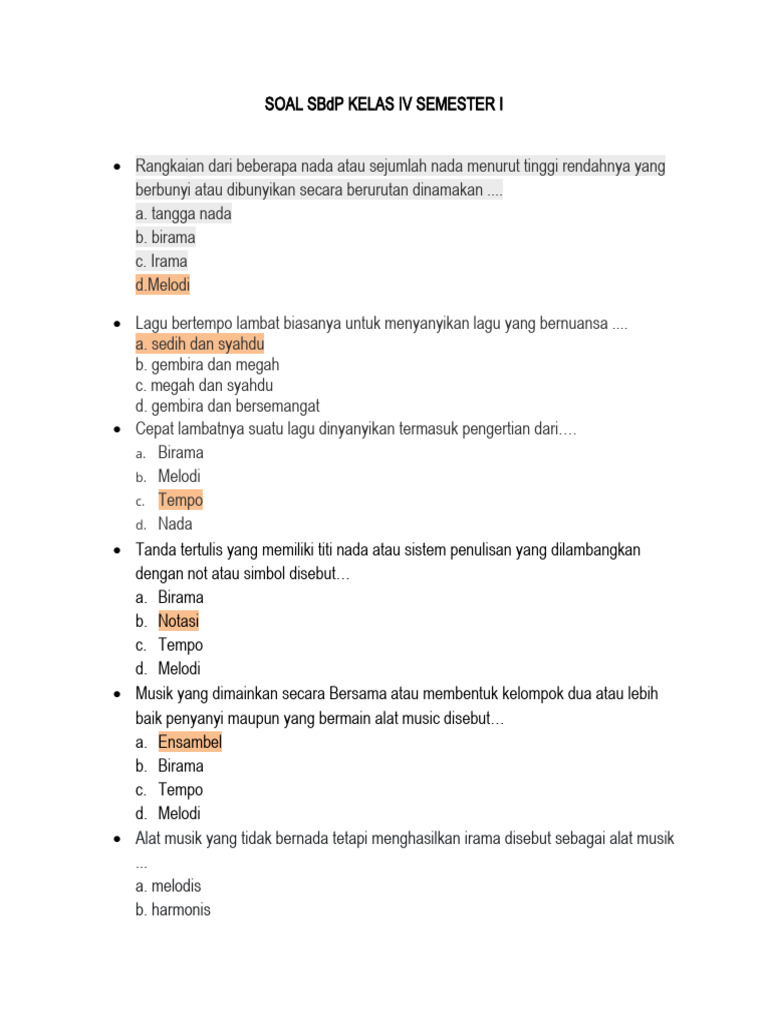 Soal Kisi2 SBDP Kelas IV Semester 1 | PDF | Seni | Puisi