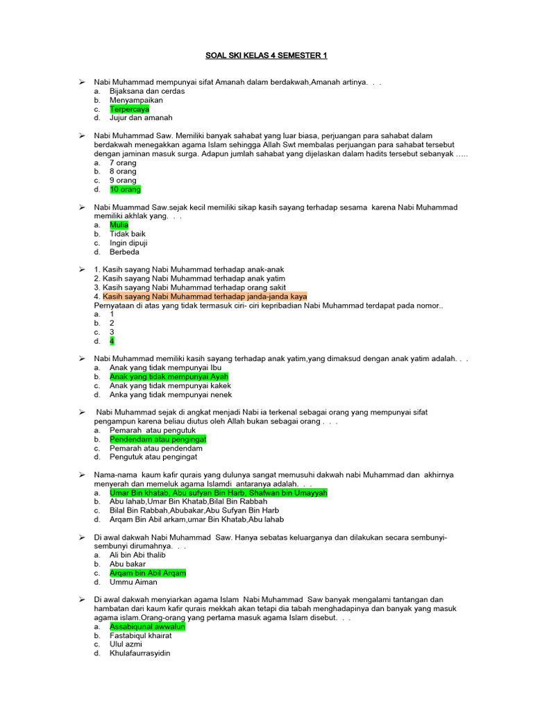 Soal Kisi2 SKI Kelas IV Smester 1 | PDF