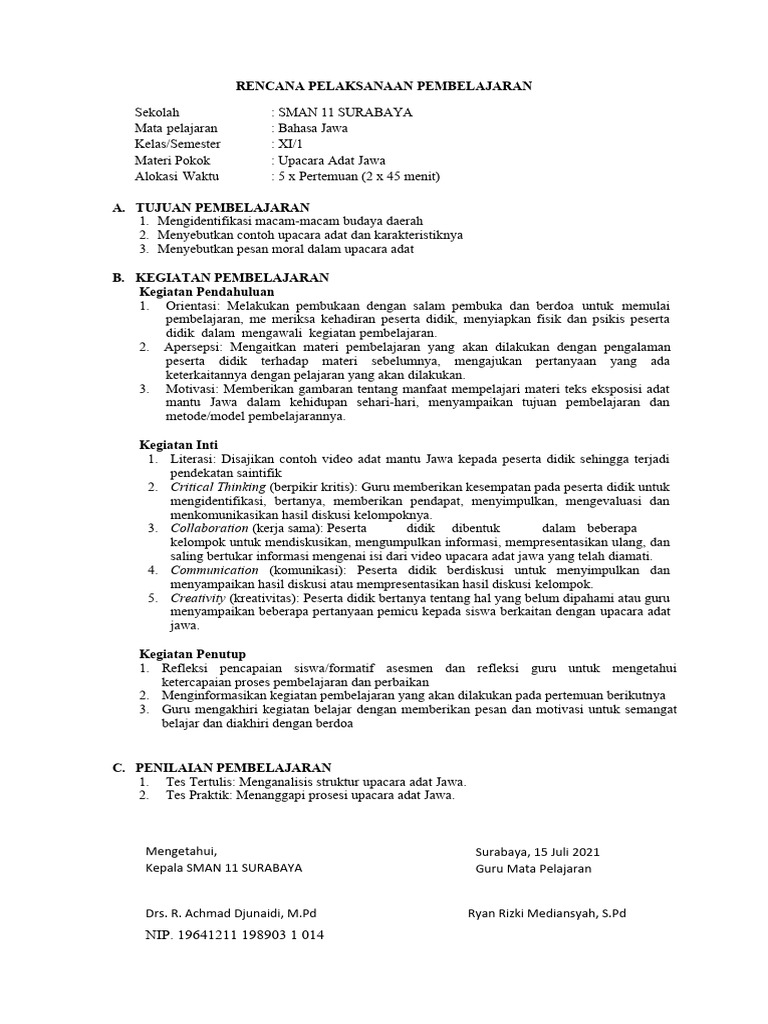 RPP 1 Halaman XI Upacara Adat (Ganjil) | PDF