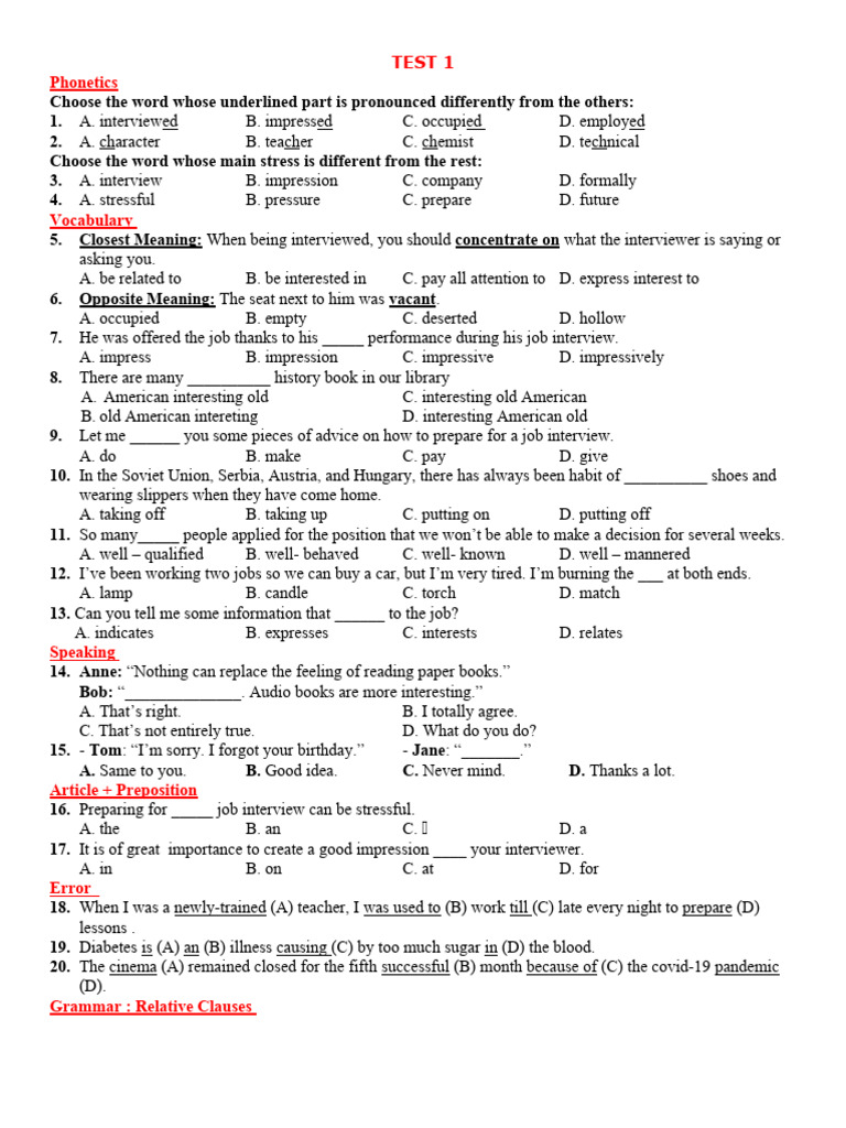 Unit 6 Test 1 2 Pdf Job Interview