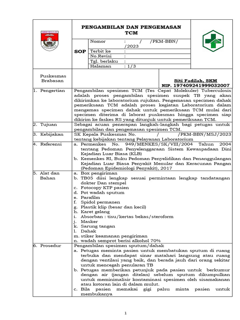 Sop Pengambilan Dan Pengemasan Sampel TCM | PDF | Sains & Matematika