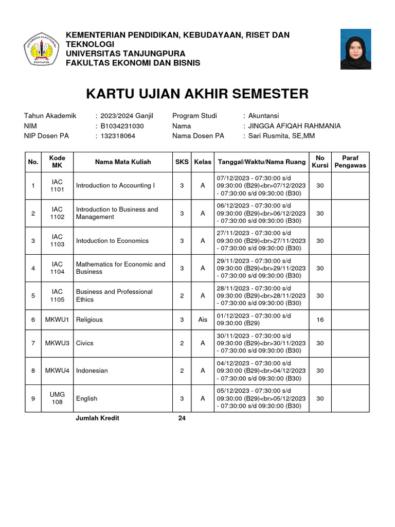 Kartu Ujian Akhir Semester - B1034231030 | PDF