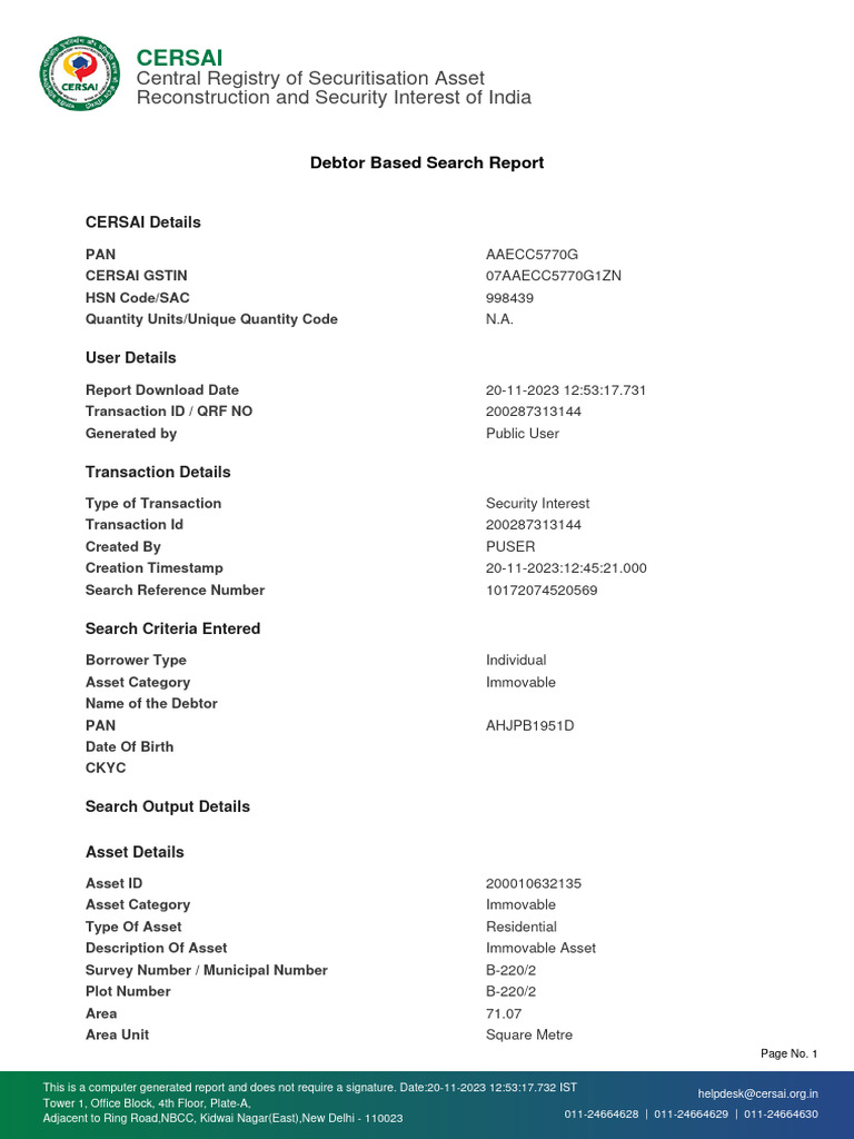 CERSAI Search Report 200287314915 For Debtor Based Search 20 11 2023 12 ...