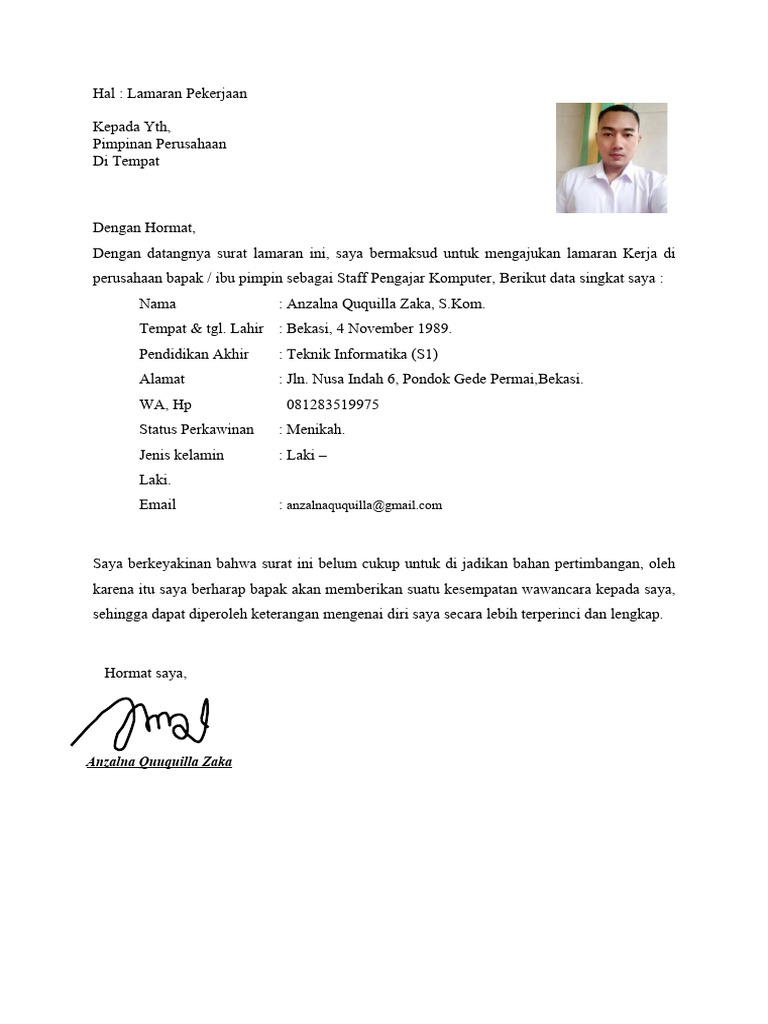 Lamaran Kerja Staff Pengajar Komputer | PDF