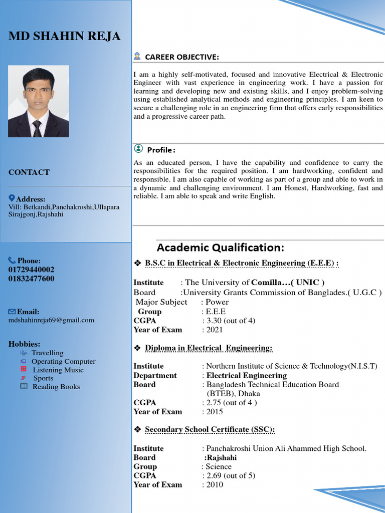 MD SHAHIN REJA... 1995... BSC in E.E.E... 2021... | PDF | Electrical Engineering