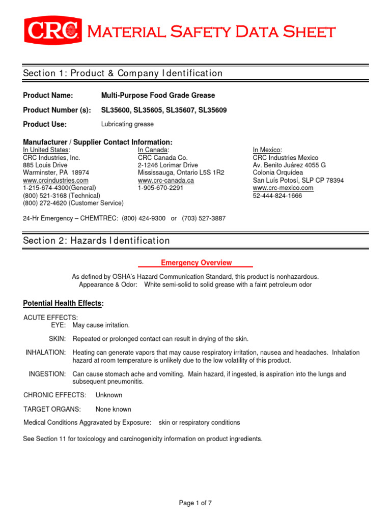 MSDS Food Grade Multi Purpose Grease | PDF | Water | Firefighting