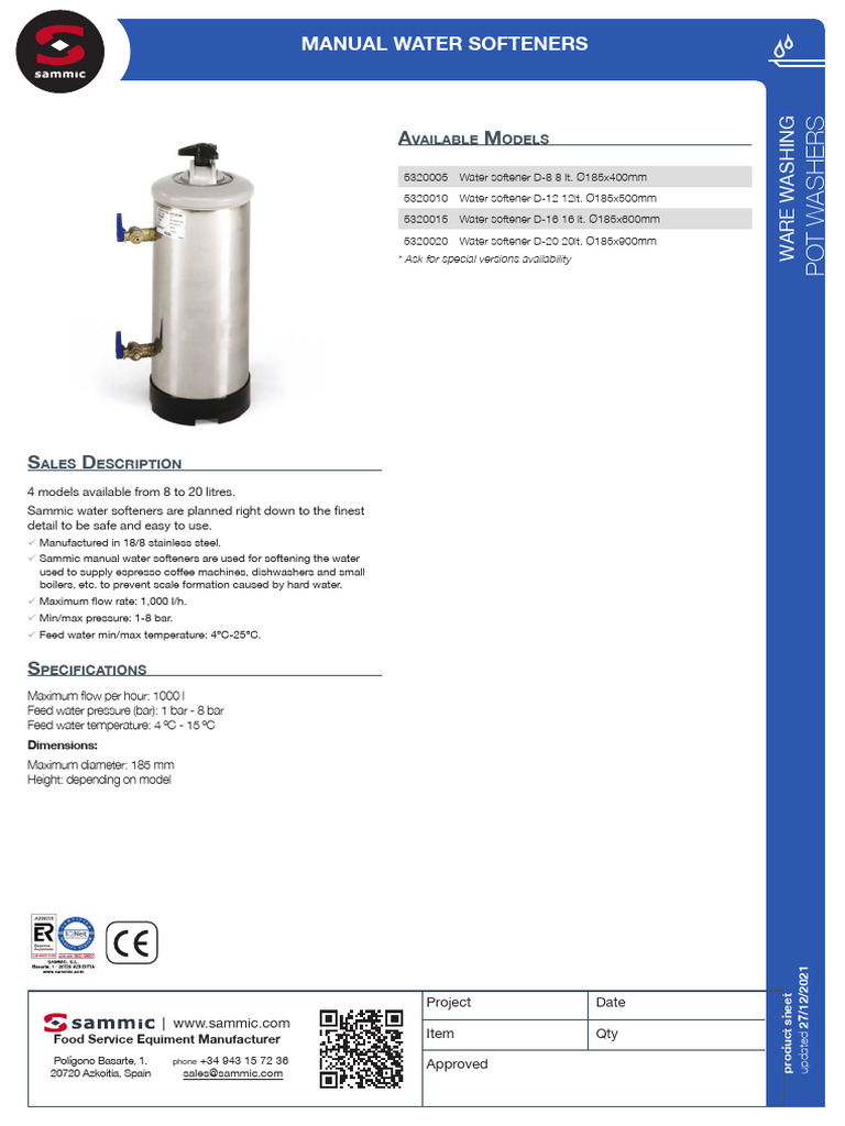 Spec Sheet Manual Water Softeners | PDF | Water | Manufactured Goods