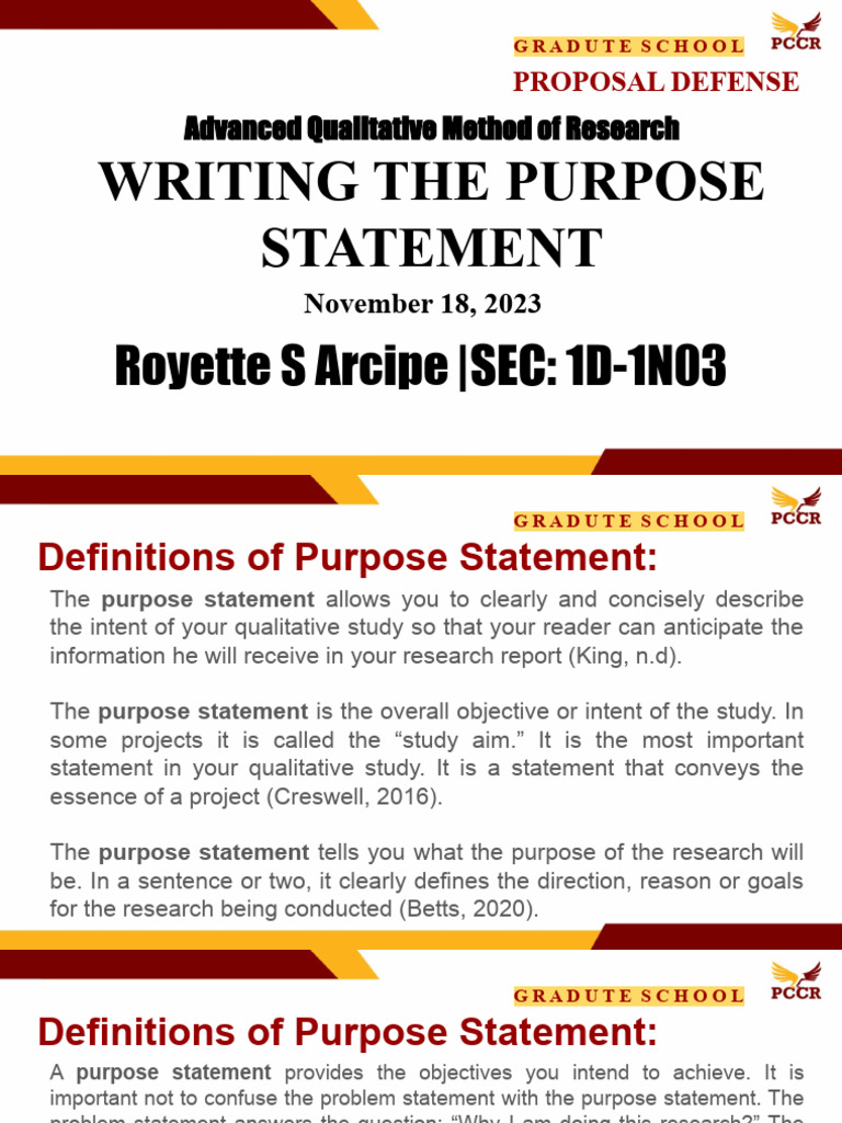 Arcipe Royette Advanced Quali Report Writing The Purpose Statement | PDF | Methodology ...