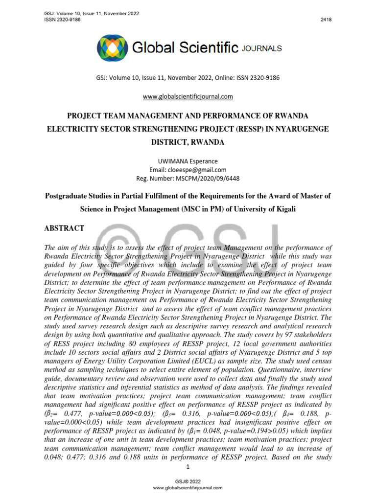 Project Team Management and Performance of Rwanda Electricity Sector Strengthening Project Ressp ...