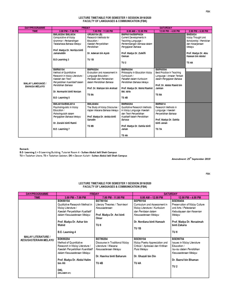 Lecture Timetable For Semester 1 Session 2019/2020 Faculty of Languages ...