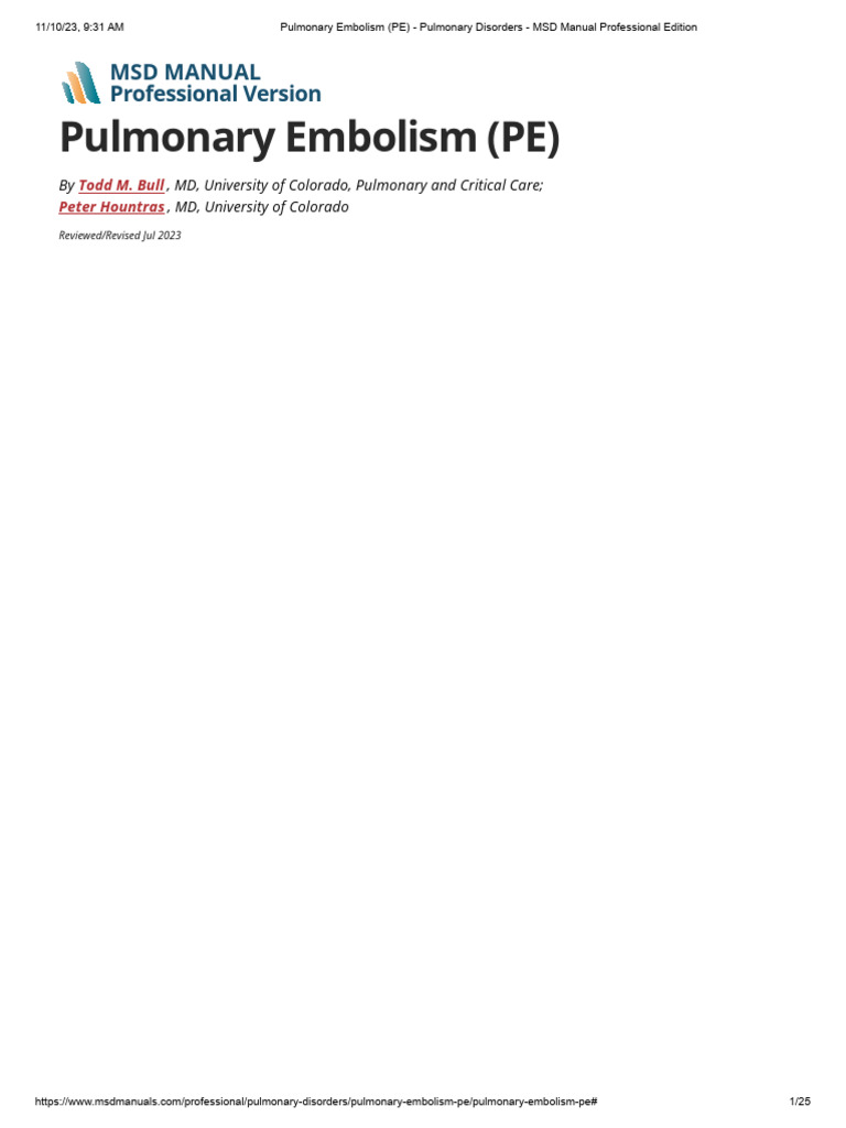 Pulmonary Embolism (PE) - Pulmonary Disorders - MSD Manual Professional Edition | PDF ...