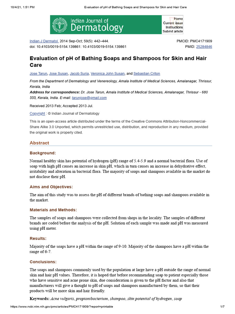 Evaluation of PH of Bathing Soaps and Shampoos For Skin and Hair Care ...