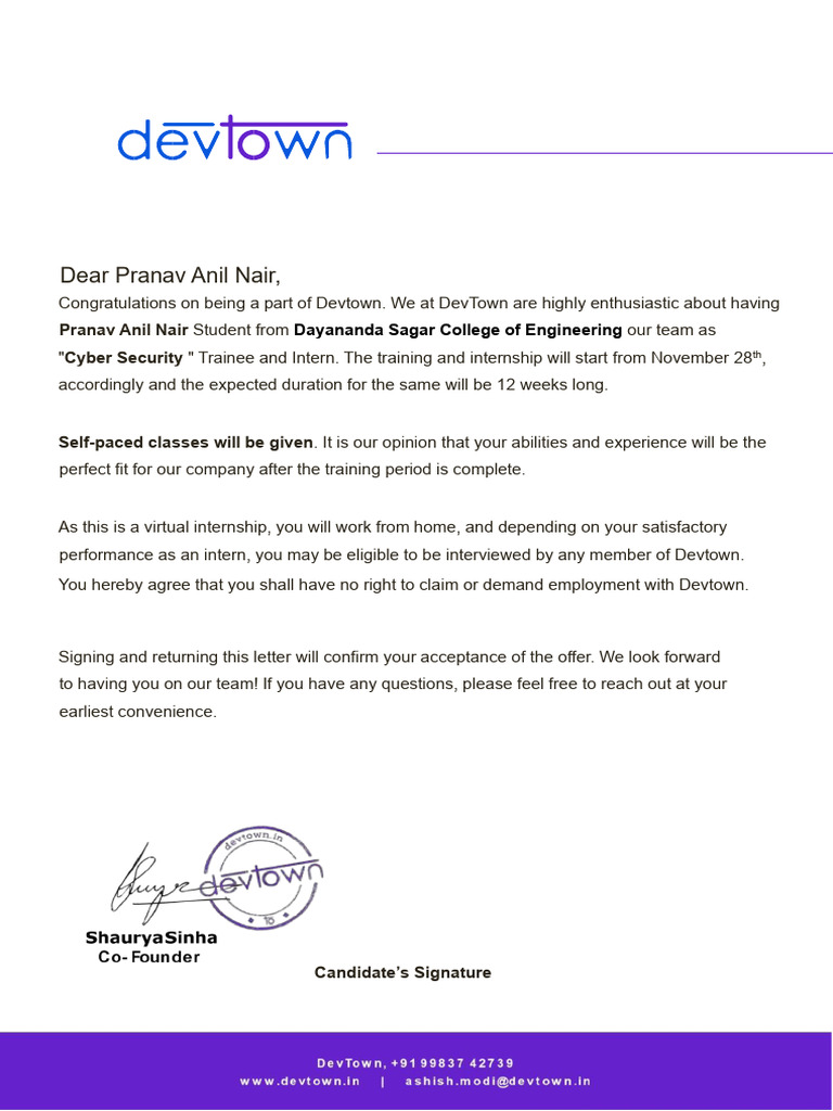 Internship Offer Letter - Pranav Anil Nair | PDF