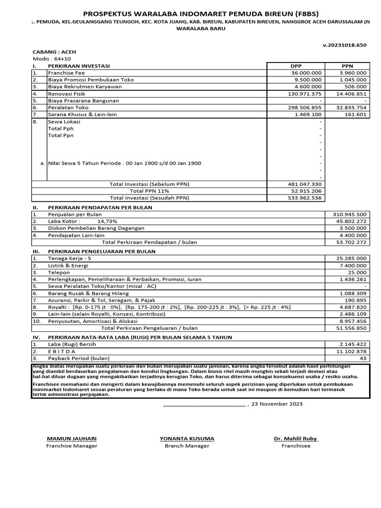 Gambaran Proyeksi Prospektus Waralaba Indomaret | PDF